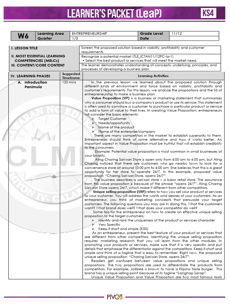 Entrep-Wk5 2 | PDF | Entrepreneurship | Marketing