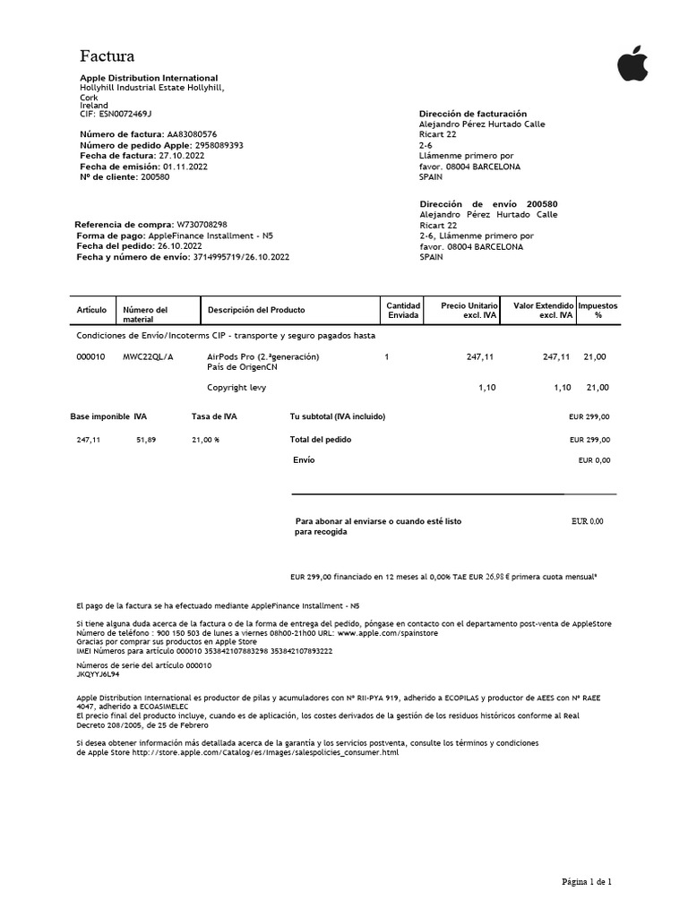 Factura AirPods Pro (2. Generación) | PDF | Factura | Economias