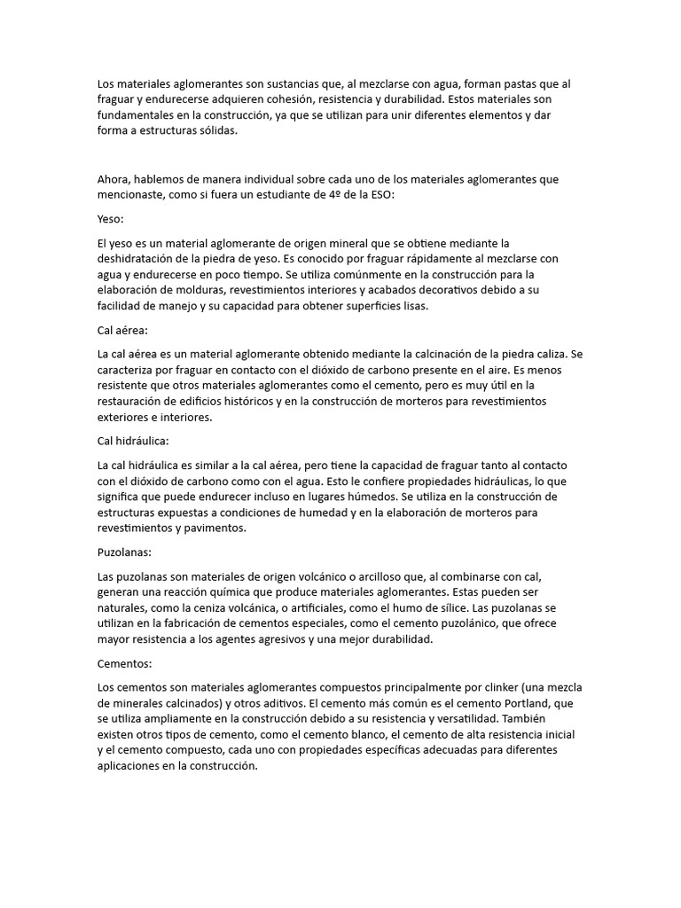 Los Materiales Aglomerantes | PDF | Cemento | Mortero (Albañilería)