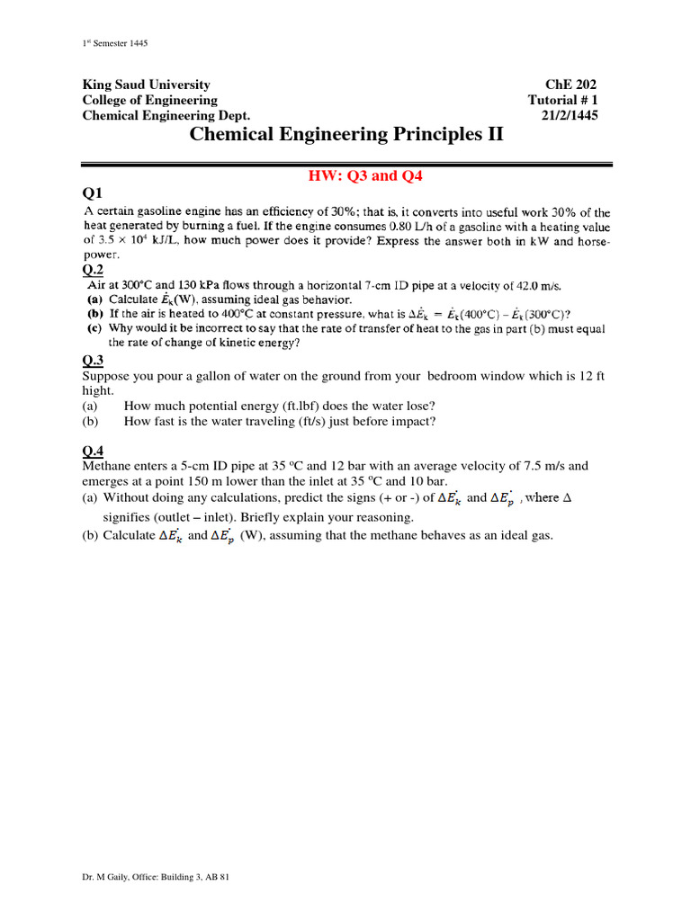 Chemical Engineering Principles II Tutorial | PDF | Technology ...