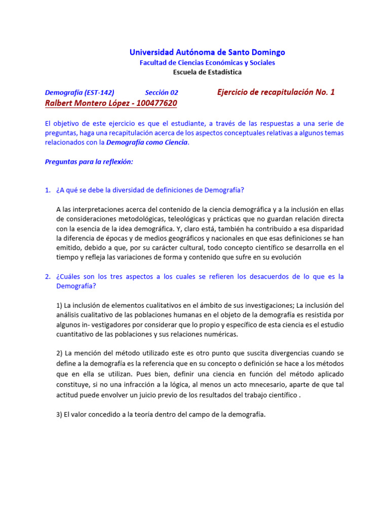 Ejercicios de Recapitulación Demografia. Ralbert Montero L. | PDF