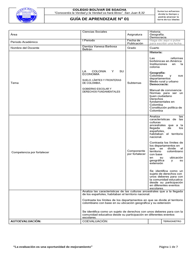 Sociales de Cuarto-Profesora Vanesa Barbosa P2-2024 Guia No 2 | PDF