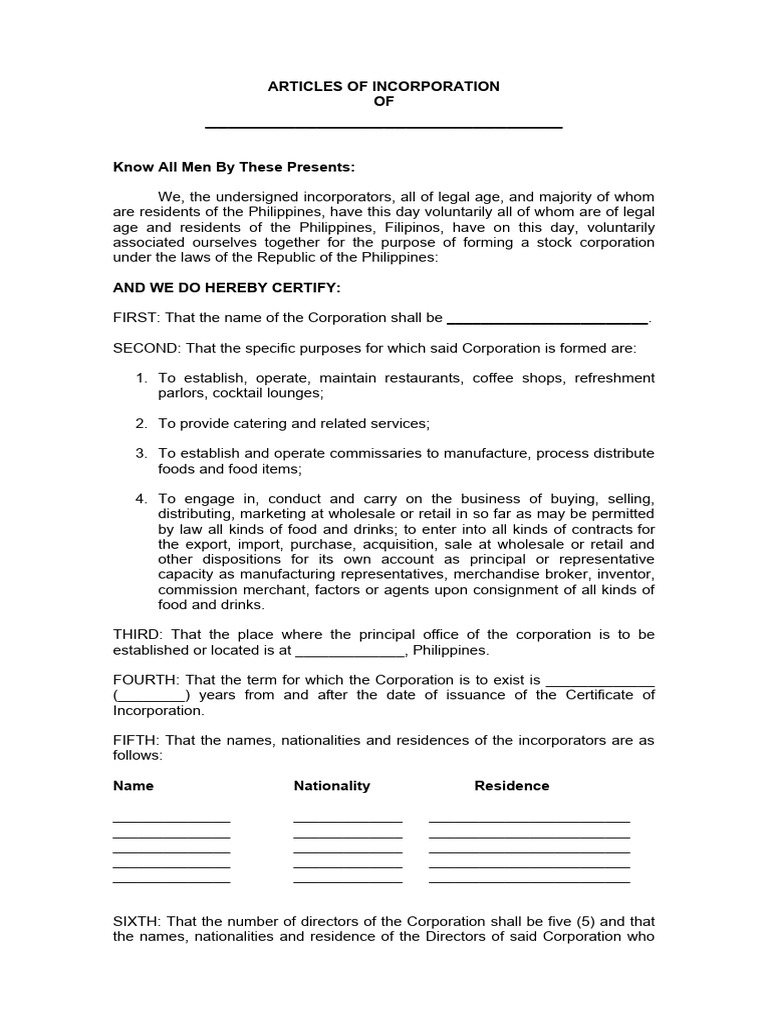 Articles of Incorporation - Blank | PDF