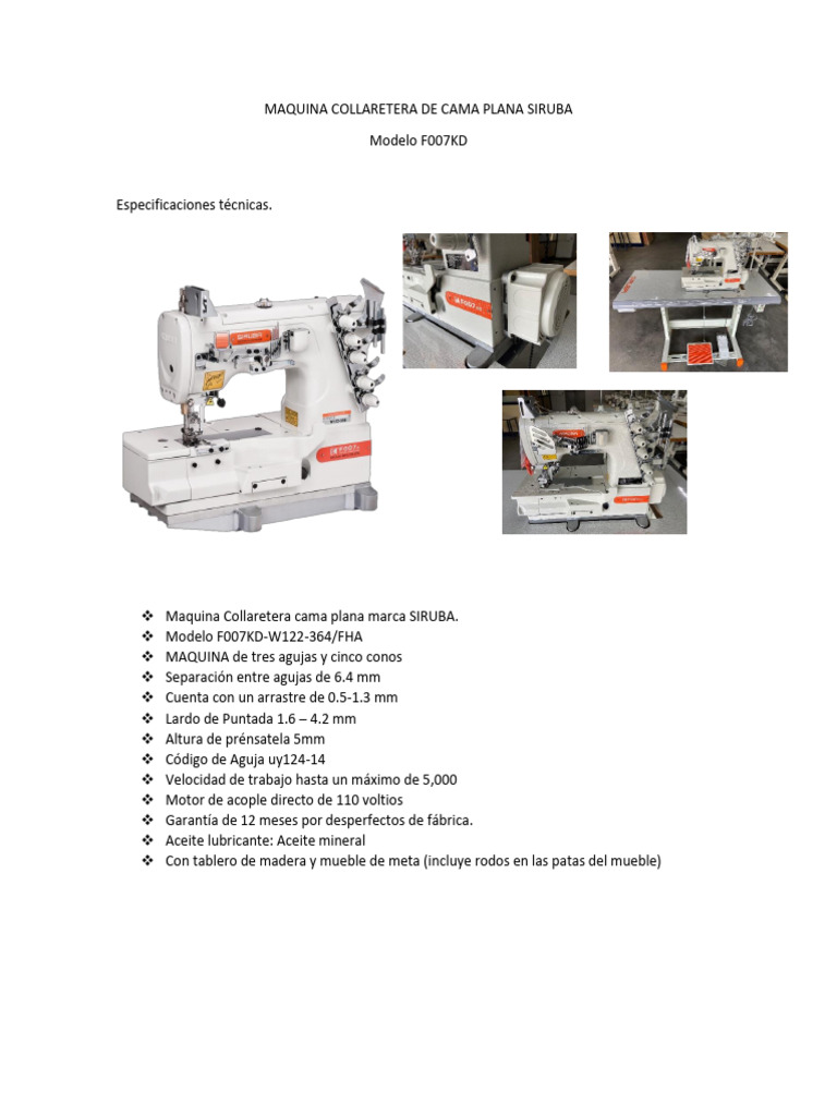 Especificaciones Tecnicas Maquina Collaretera Cilindrica Cama Plana | PDF