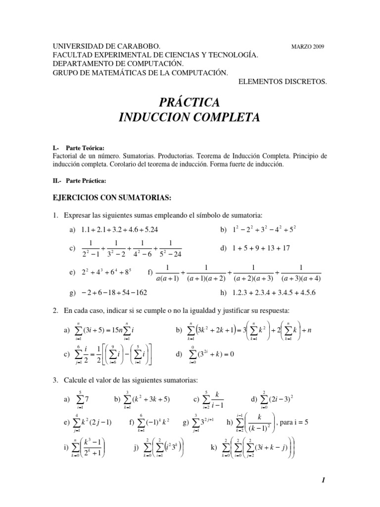 Práctica Inducción Completa MATEMÁTICAS DE LA COMPUTACIÓN Elementos ...