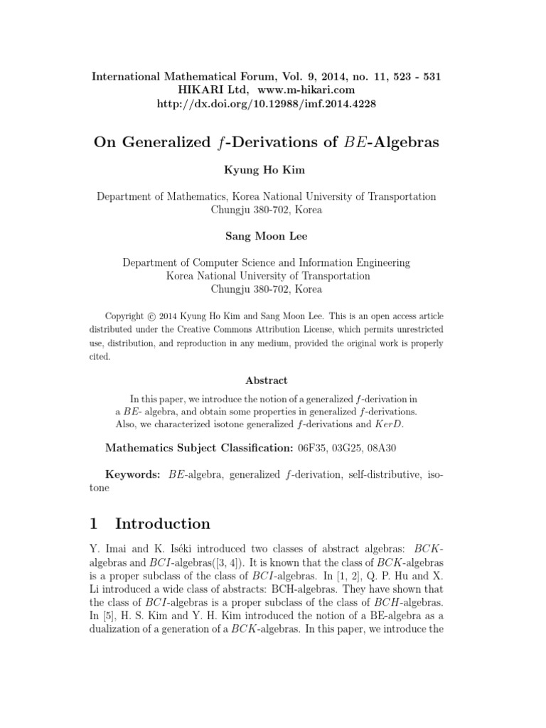 This Is Generalized F-Derivation BE-algebras | PDF | Theorem | Mathematics