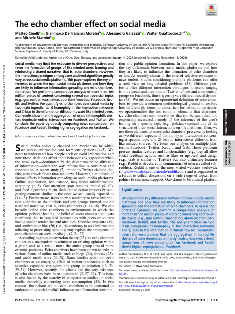 Cinelli Et Al 2021 The Echo Chamber Effect On Social Media | PDF