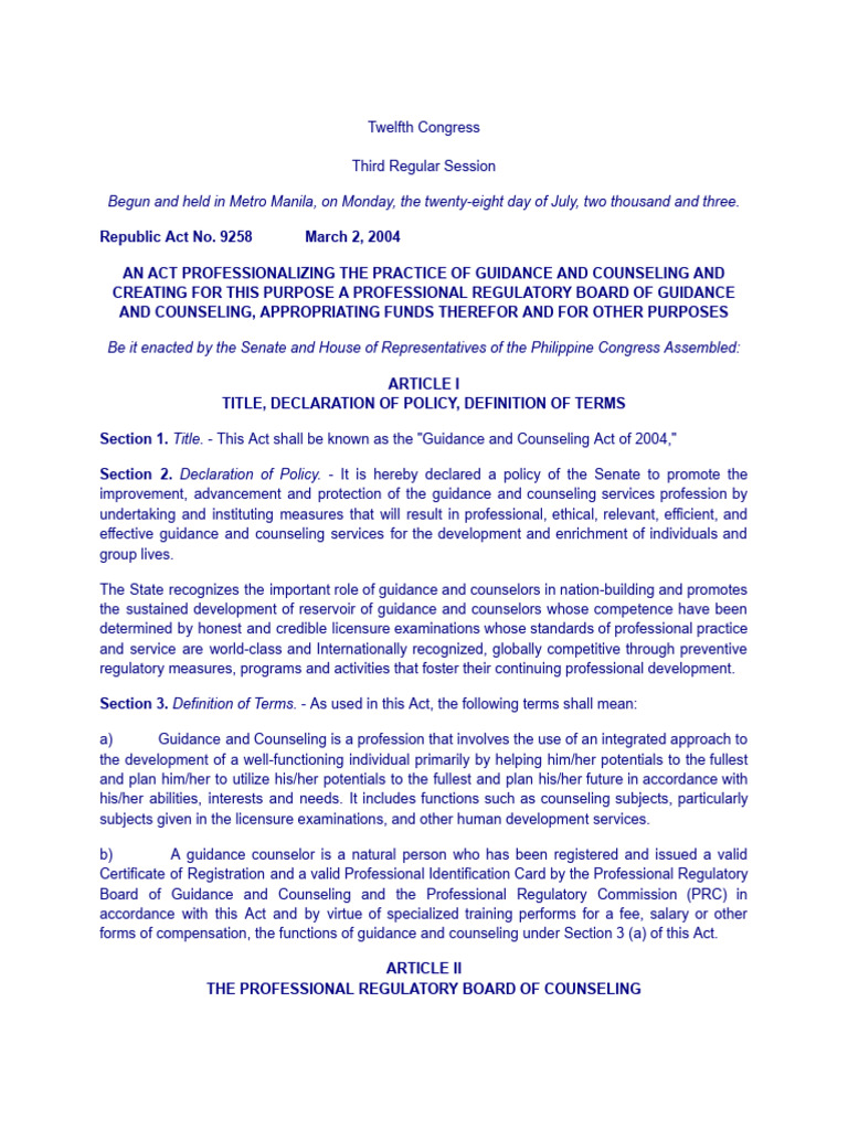 Guidance and Counseling Act of 2004 | PDF | School Counselor | Licensure