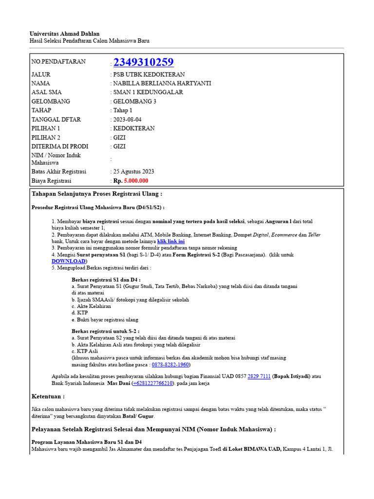 Cetak Hasil Seleksi Pendaftaran Online - PMB Online UAD | PDF | Pengelolaan Keuangan & Uang