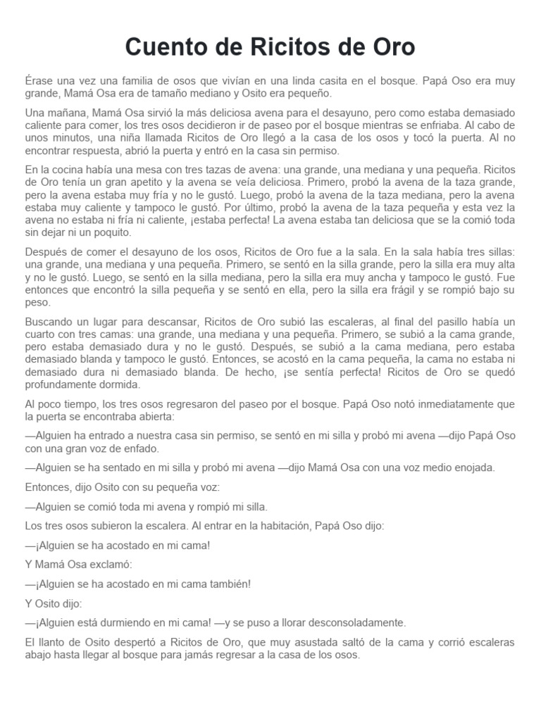 Cuento de Ricitos de Oro | PDF Cuento de Ricitos de Oro | PDF