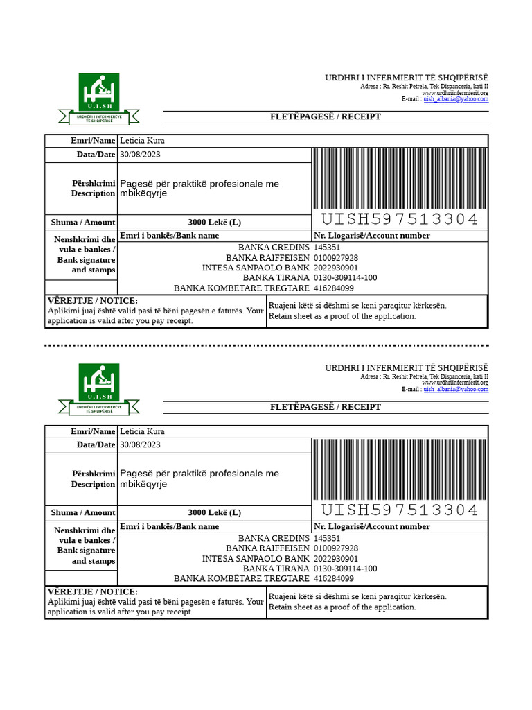 Fature Per Aplikim Per Praktike Profesionale | PDF