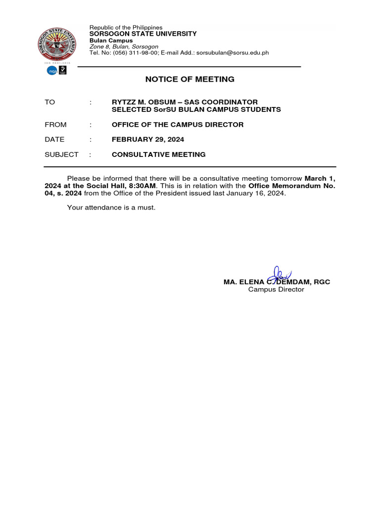 Notice of Meeting For Students | PDF