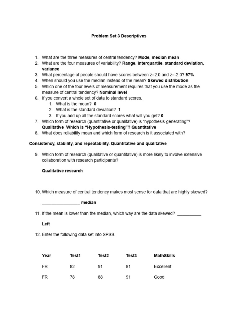 Problem Set 3 Descriptives | PDF | Level Of Measurement | Mean