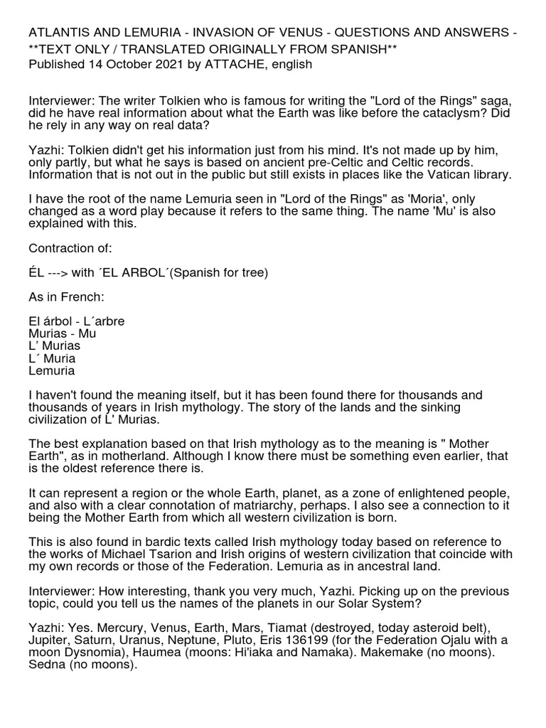 Atlantis and Lemuria Invasion of Venus Questions and Answers Text Only Translated Originally ...