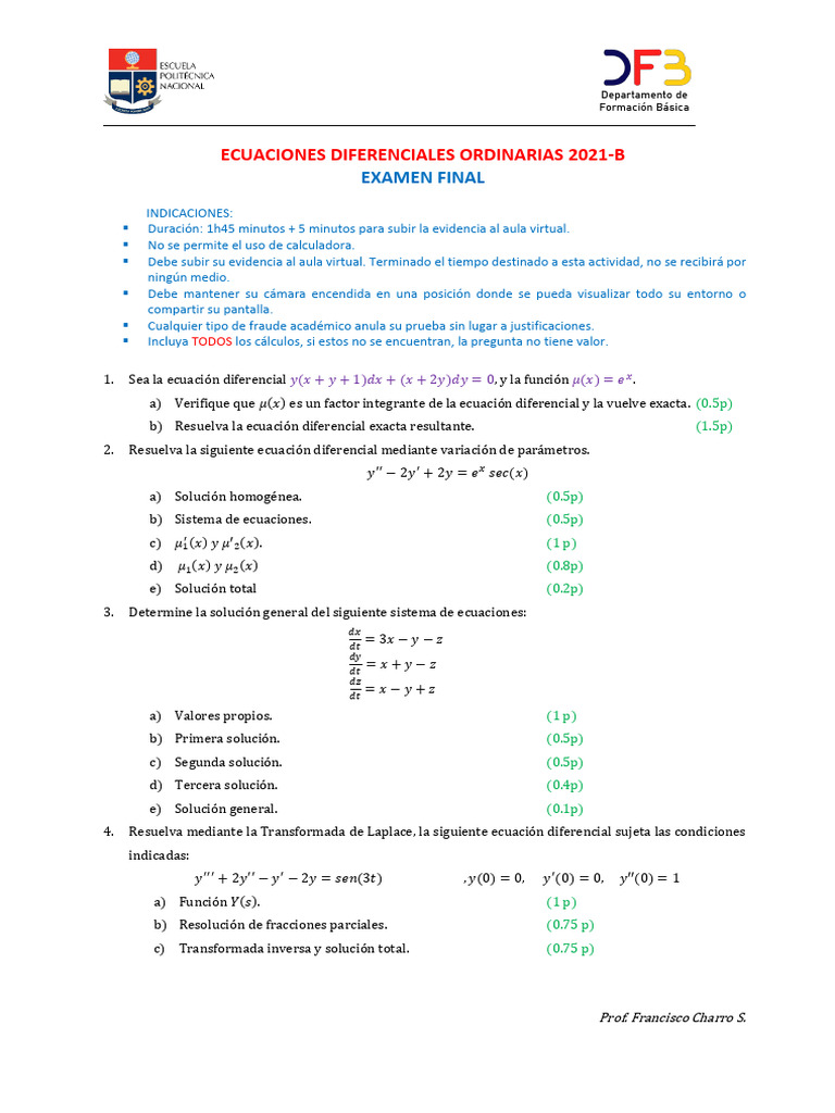 Examen Final - EDO | PDF | Ecuaciones | Ecuaciones diferenciales