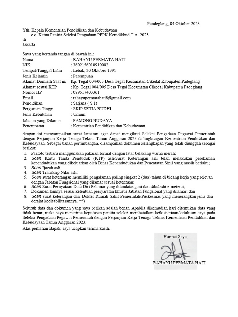 Lampiran II Format Surat Lamaran PPPK Teknis Kemdikbud 2023 | PDF