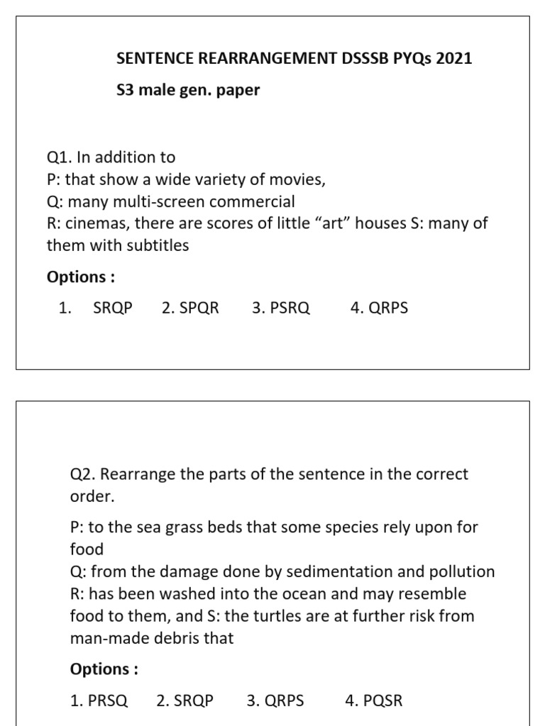 Sentence Rearrangement DSSSB Pyqs 2021 S3 Male Gen. Paper | Download ...