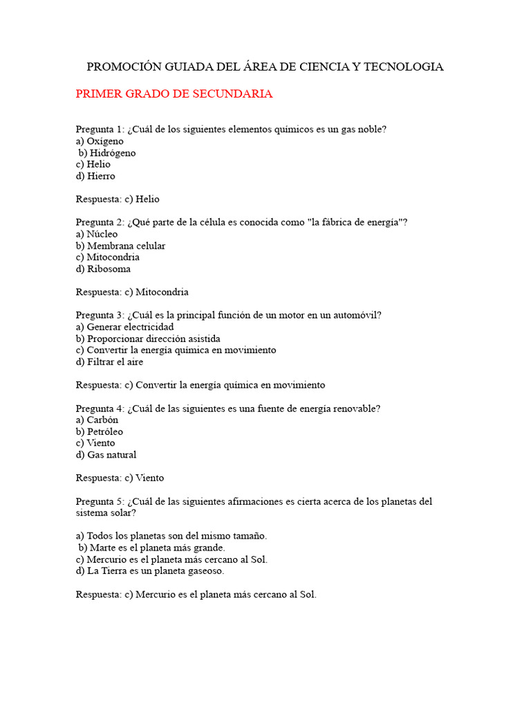 Preguntas de Ciencia y Tecnologia-Secundaria | PDF | Fuerza | Energía solar