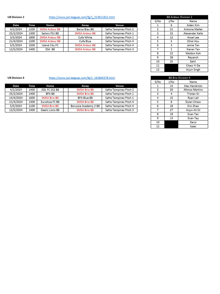 U8 1H 2024 Teams Fixtures | PDF