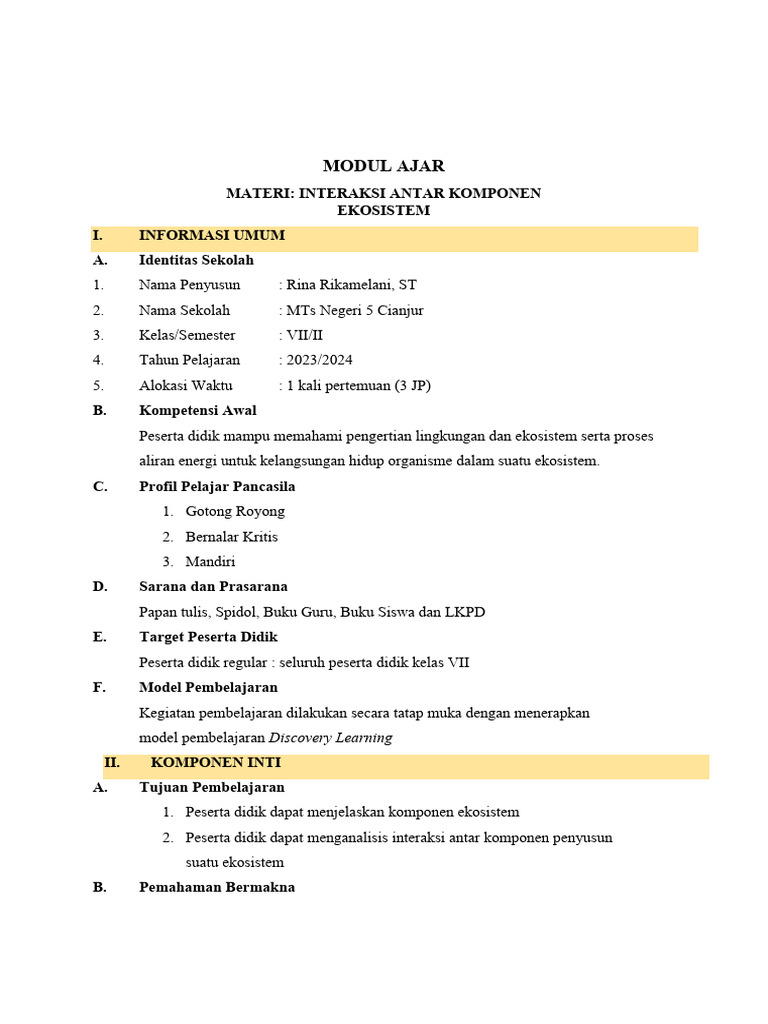 Modul Ajar Ilmu Pengetahuan Alam (IPA) - MODUL EKOSISTEM - Fase D | PDF