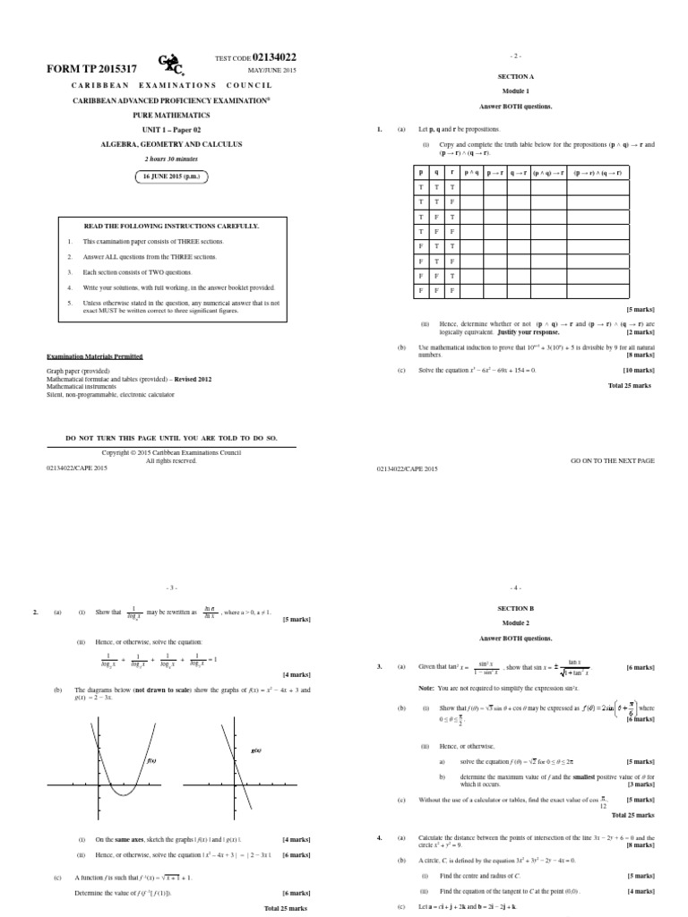 Pure Math p2 June 2015 Guyana | PDF | Mathematics | Circle