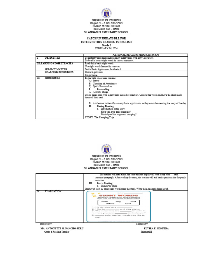 Grade 6 Reading Intervention Plan | PDF | Teachers | Learning Methods
