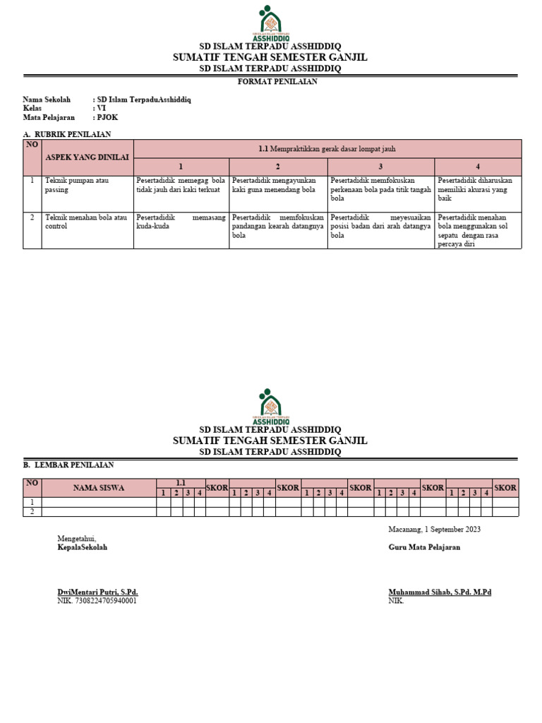 Format Penilaian Non Tes Kls 6 | PDF