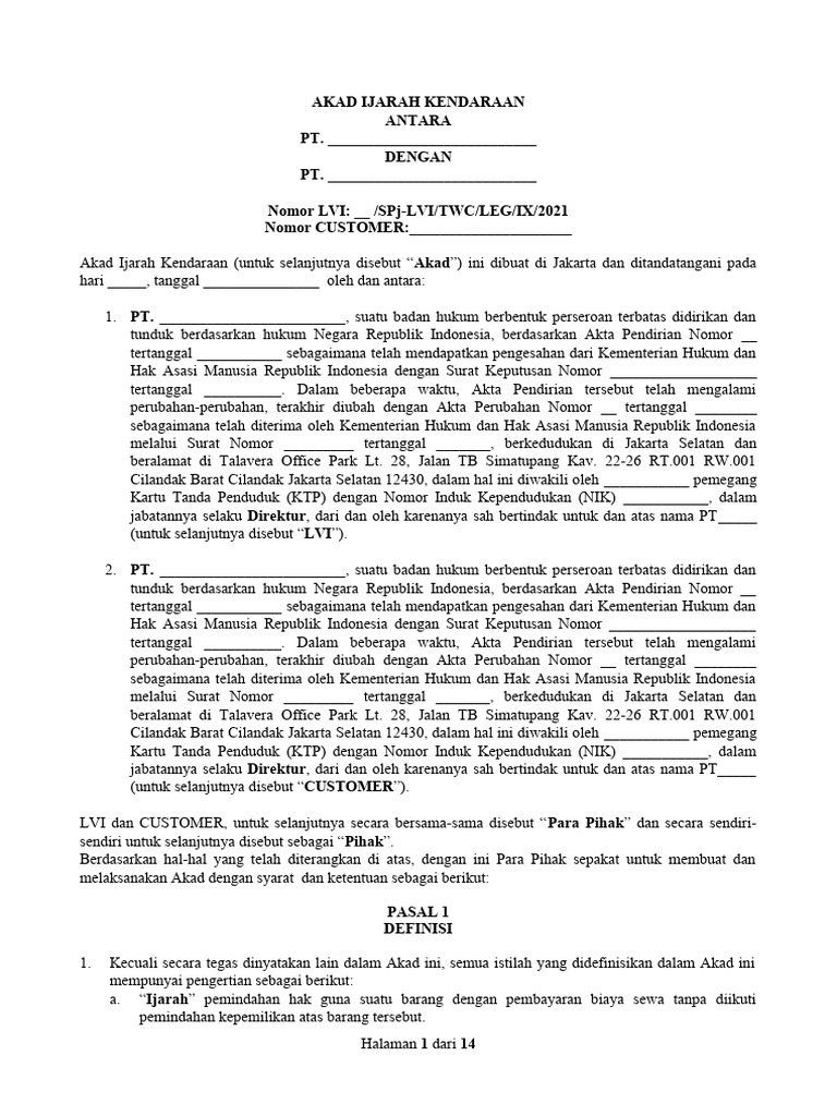 Template Akad Ijarah Kendaraan | PDF | Hukum