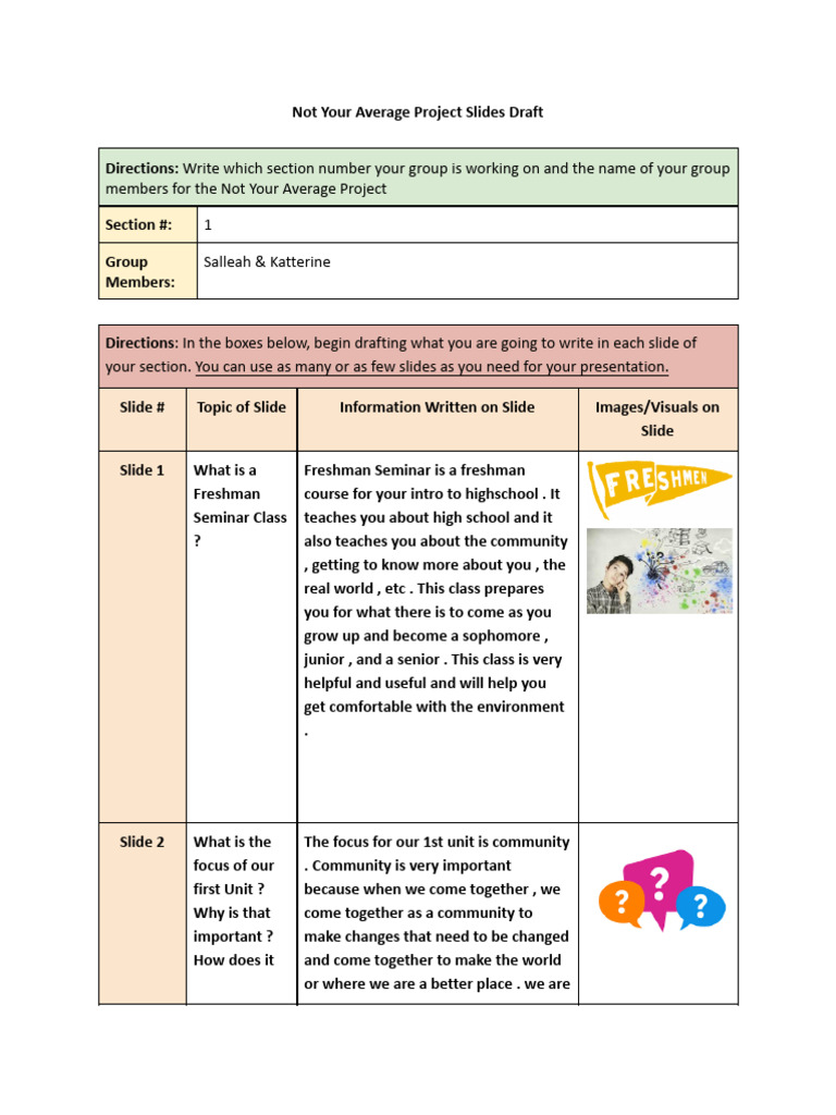 MHS Freshman Seminar - Not Your Average Project Slides Draft (P7S1) | PDF