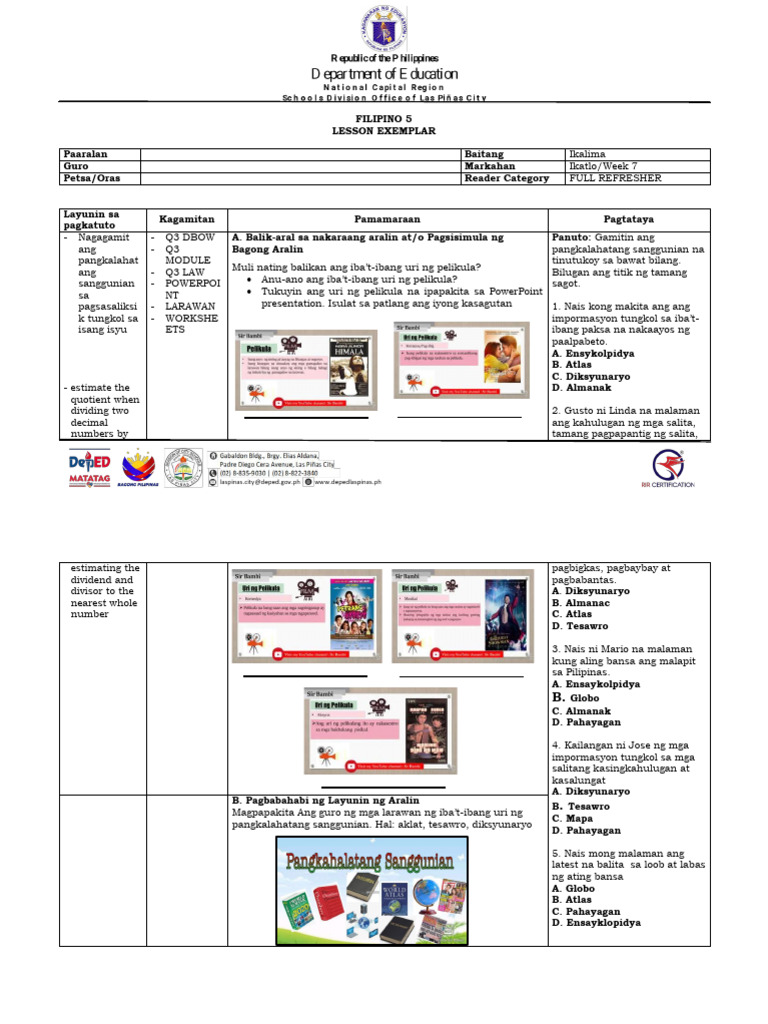 Lesson Exemplar Filipino 5 W7 Non Reader | PDF