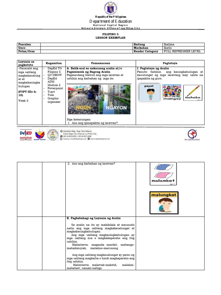 Lesson Exemplar Filipino 5 W5 Non Reader | PDF