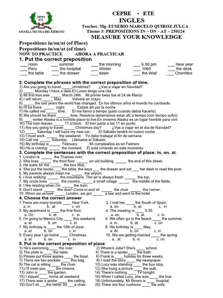 Ete Ef Ingles 3 Prepositions in - On - at 230124 CL | PDF