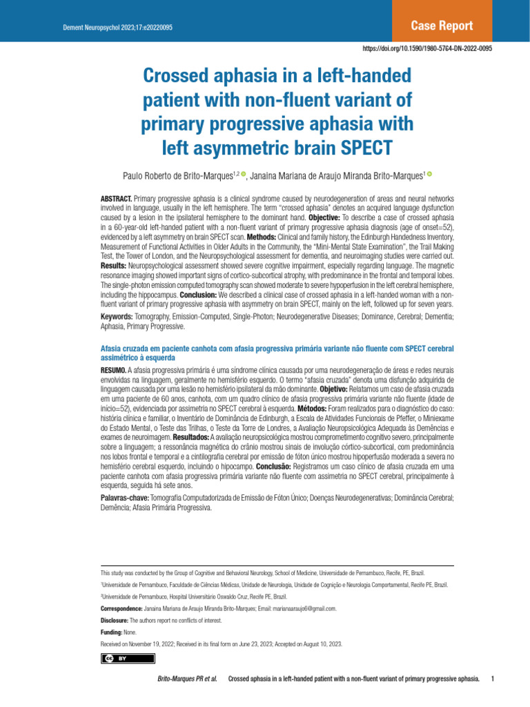 Crossed Aphasia in A Left-Handed Patient With Non-Fluent Variant of ...