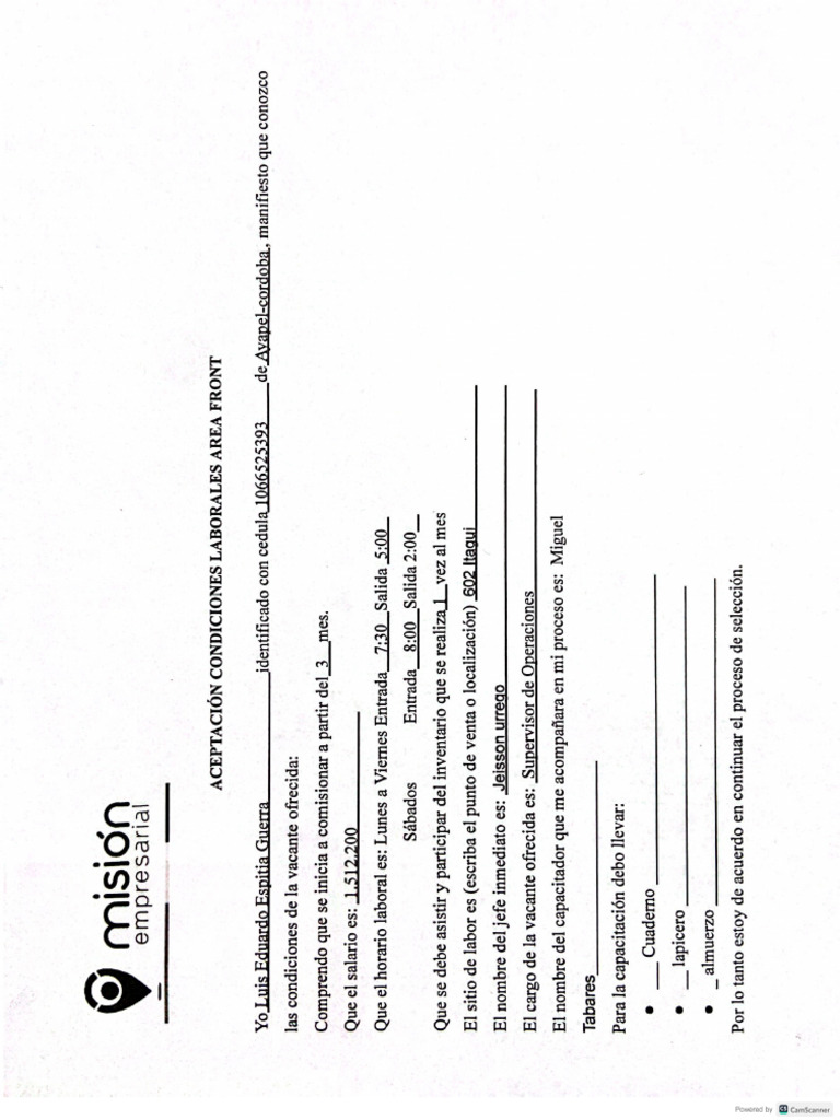 Formato Aceptacion Condiciones Laborales FRONT | PDF