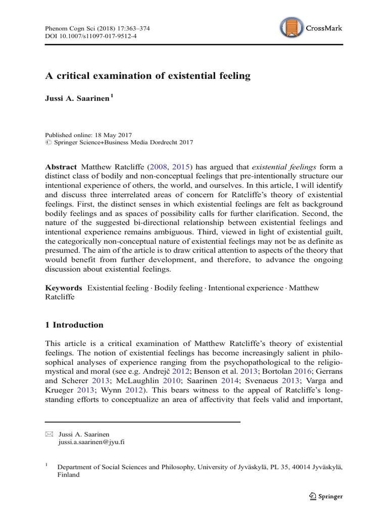 A Critical Examination of Existential Feeling | PDF | Feeling | Experience