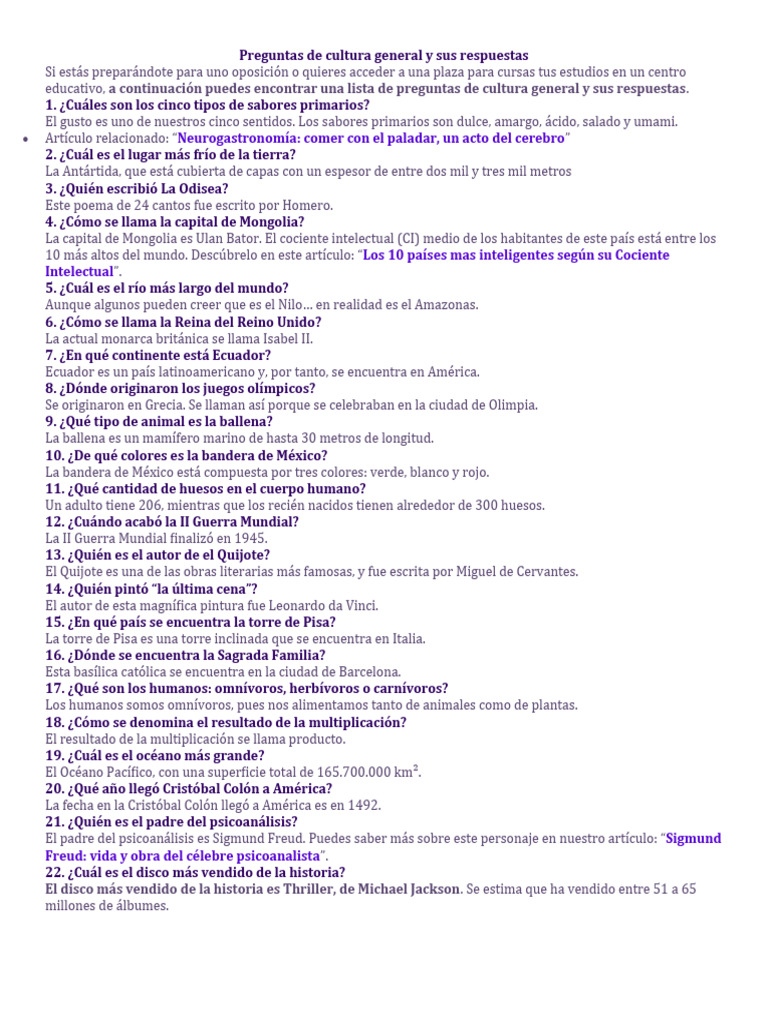 Preguntas de Cultura General y Sus Respuestas 21 | PDF | Viajes y ...