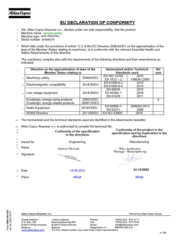 Eu Declaration of Conformity: Vacuum Pump | PDF | Regulation