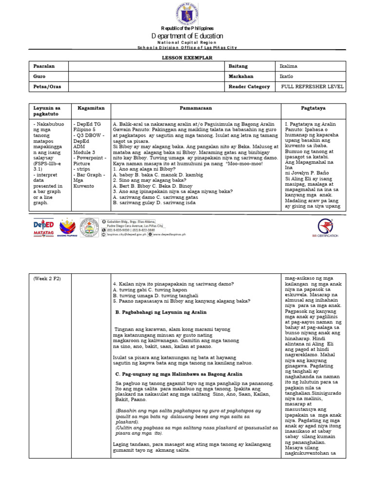 Lesson Exemplar Filipino 5 W2 Non Reader | PDF