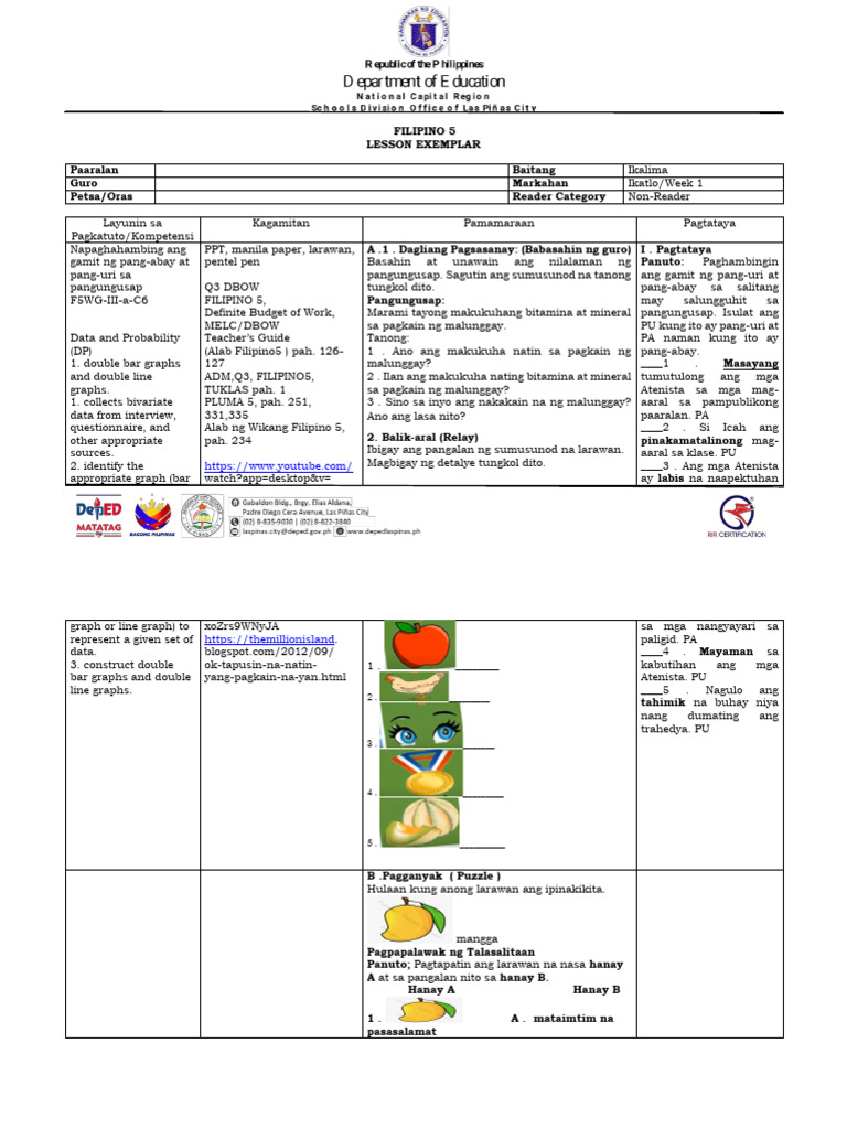 Lesson Exemplar Filipino 5 W1 Non Reader | PDF