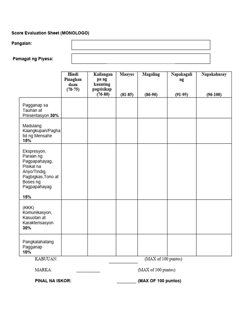 Rubriks Sa Monologo at Deklamasyon | PDF