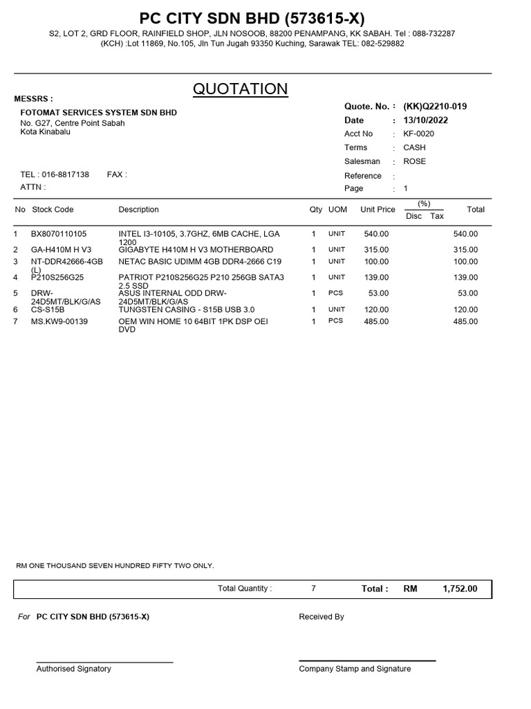 Quotation: Messrs: Fotomat Services System SDN BHD | PDF | Consumer ...