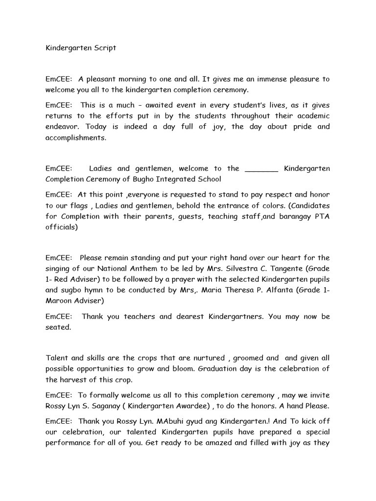 Kindergarten Graduation Emcee Script 2023 | PDF