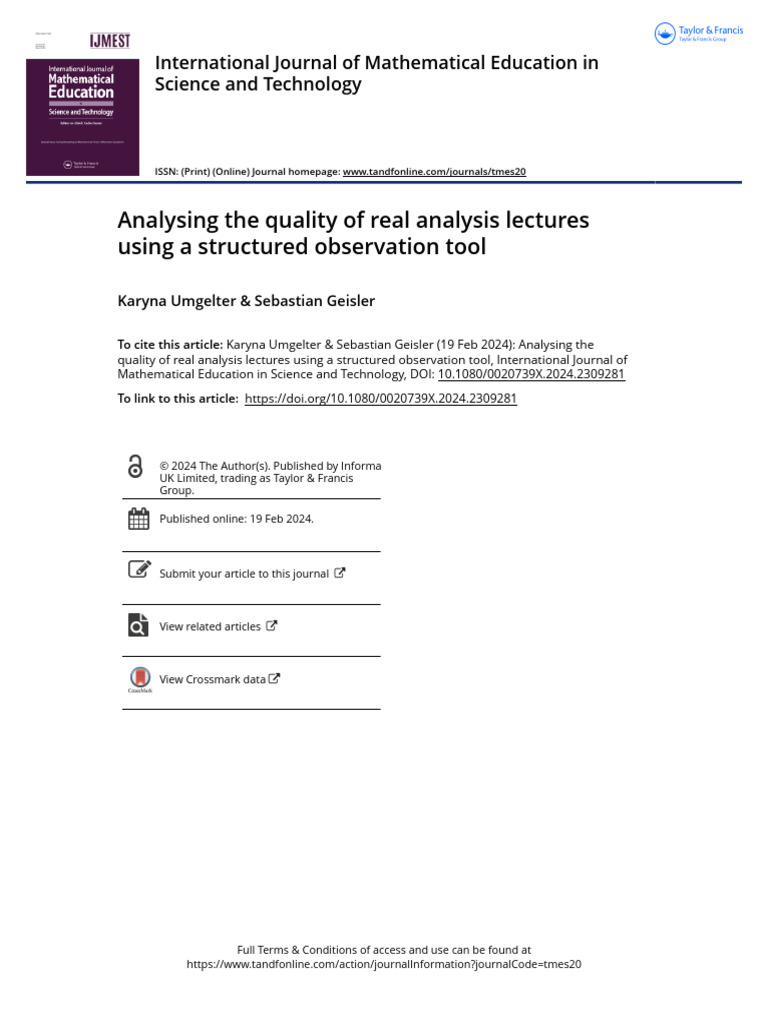 Analysing The Quality Of Real Analysis Lectures Using A Structured Observation Tool Pdf