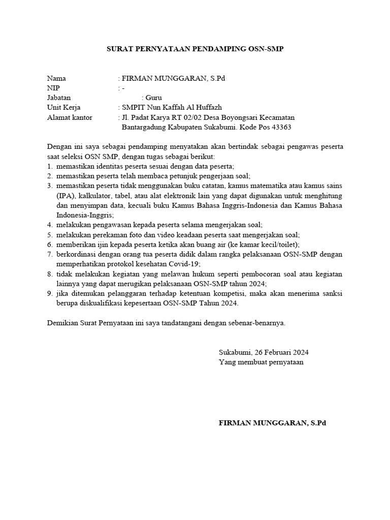 Surat Pernyataan Pendamping Osn | PDF