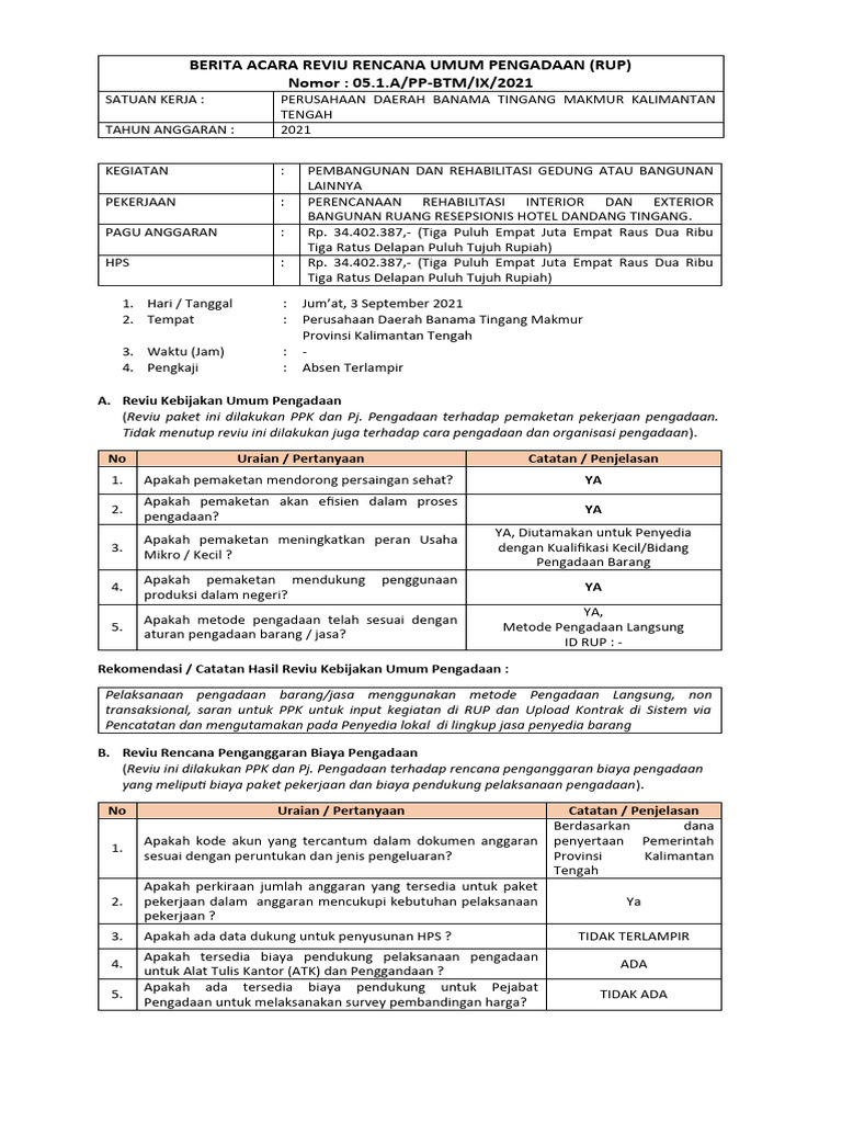 004 Berita Acara Reviu Renc. Umum Pengadaan (Rup) Perenc Resepsionis Cv ...