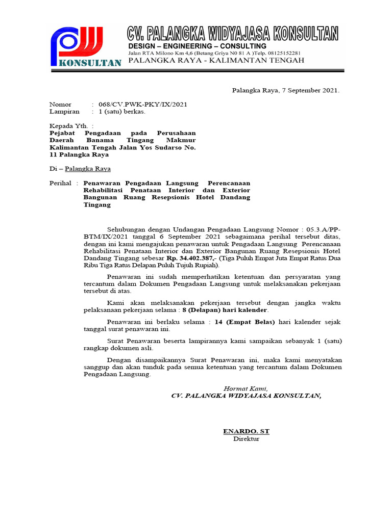 006 Surat Penawaran Perencanaan Resepsionis CV Palangka Widyajasa ...