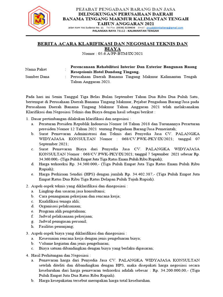 009 Ba Klarifikasi Negosiasi Teknsi Biaya Perencanaan Resepsionis CV ...