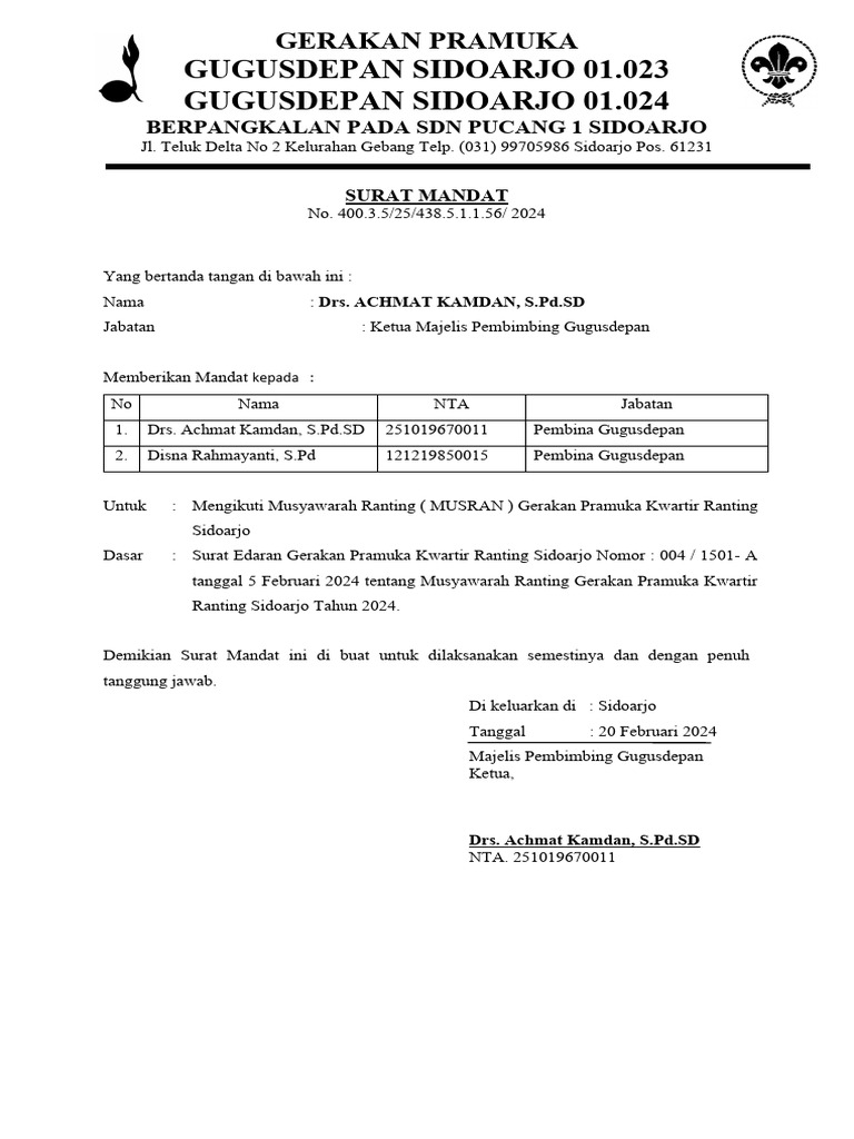 Contoh Surat Mandat Gudep | PDF