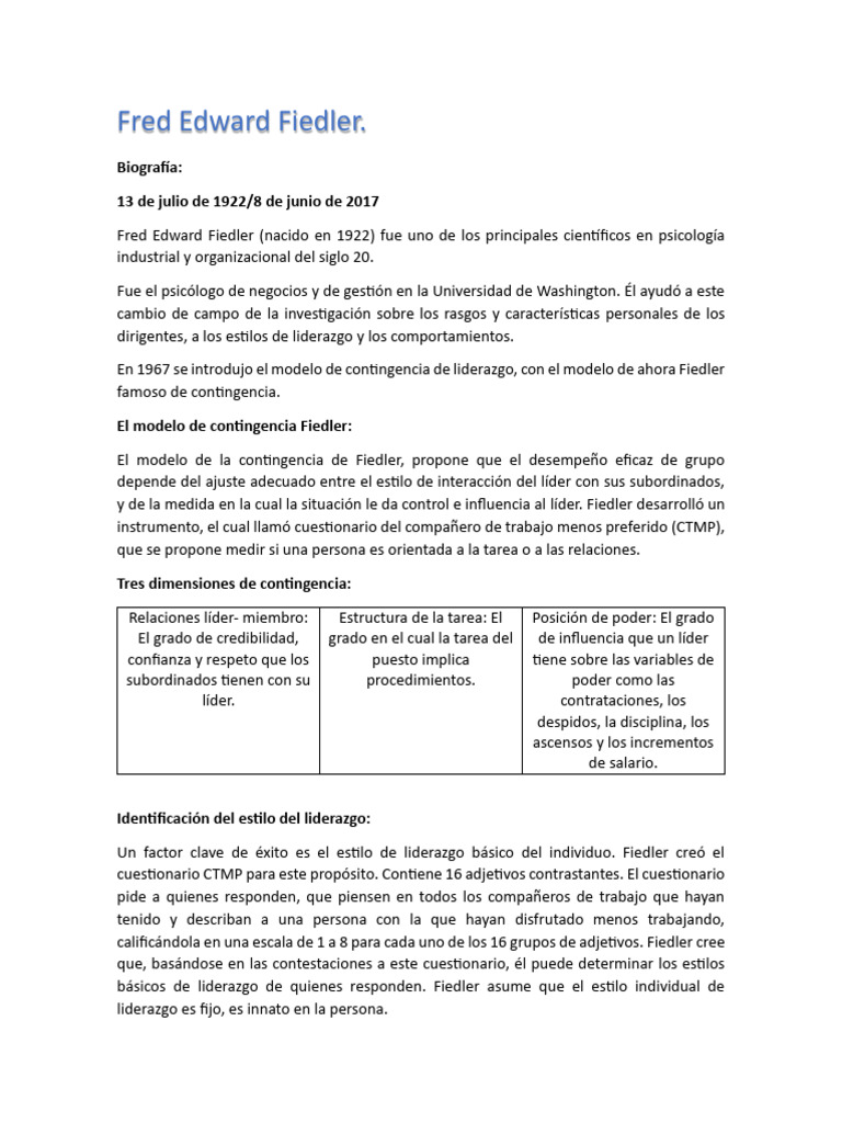 Fred Edward Fiedler | PDF | Liderazgo | Psicología industrial y ...