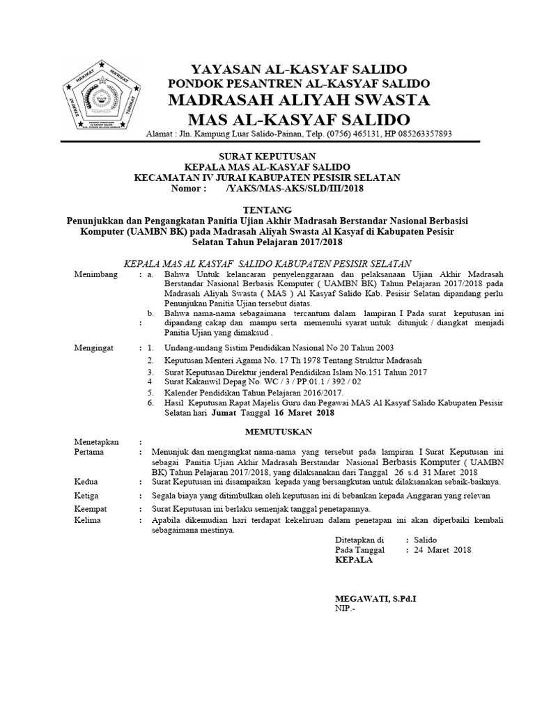 SK PANITIA DAN PENGAWAS UAMBN 2016 Kasyaf OK | PDF